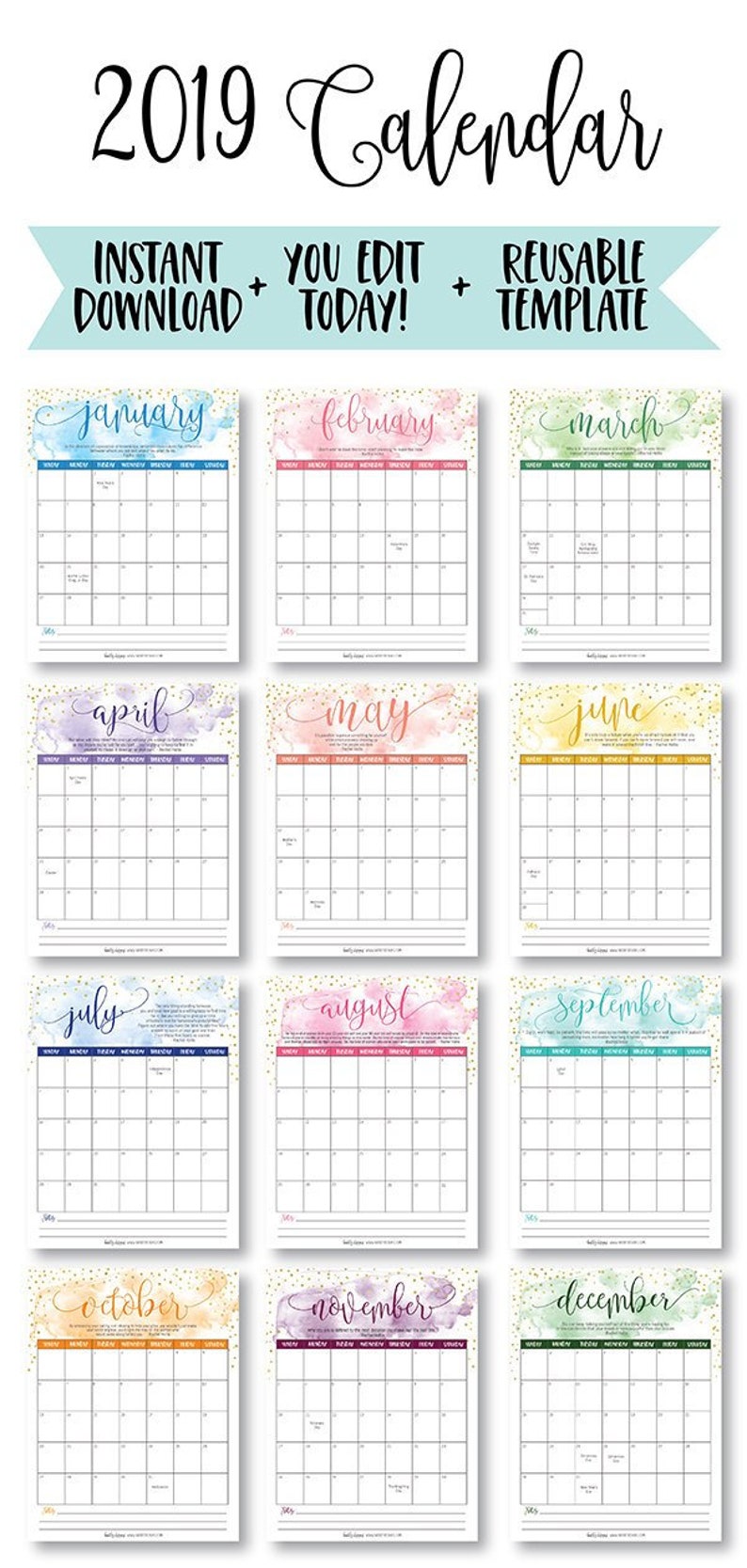DIY Calendar 2019 Printable Calendar 2019 Notes Printable - Etsy