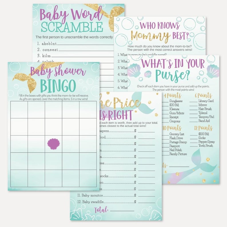 Mermaid Baby Shower Game Set Templates Bingo Word Scramble - Etsy
