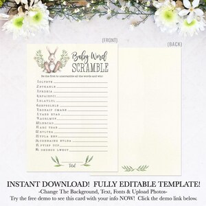 Greenery and Bunny Baby Word Scramble Games, Word Scramble Baby Shower ...