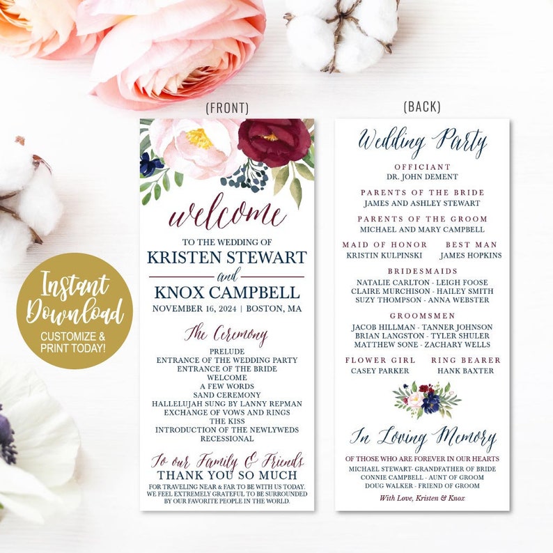 Printable Wedding Programs Download Wedding Program Layout - Etsy