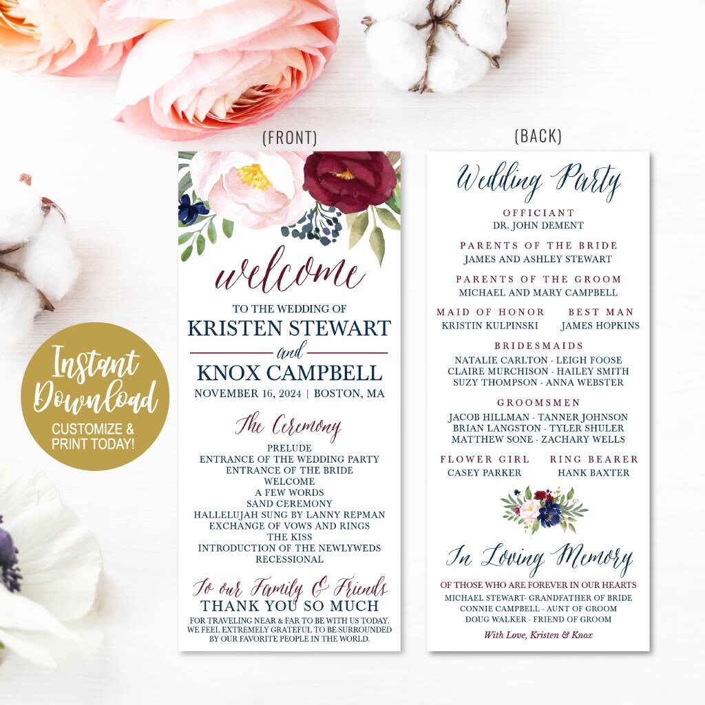 Printable Wedding Programs Download Wedding Program Layout | Etsy