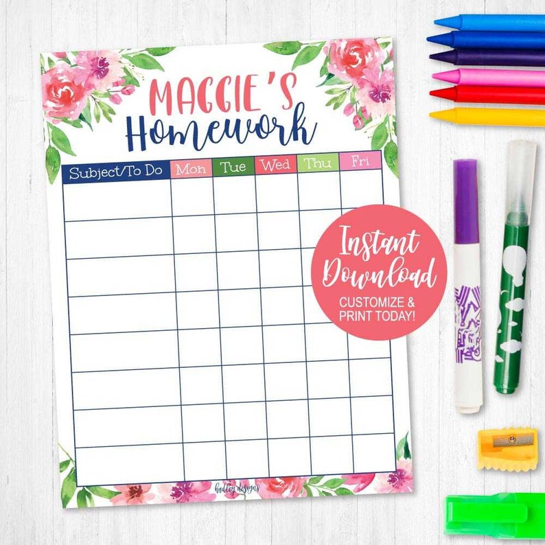 Homework Poster Homeschool Weekly Planner Assignment | Etsy