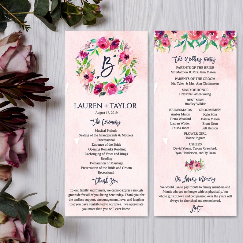 Pink Watercolor Floral Printable Wedding Ceremony Program | Etsy