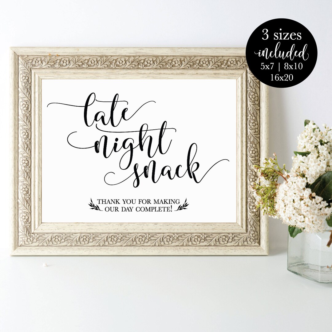 Late Night Snack Printable Wedding Party Sign, Rustic Food Buffet Snack ...