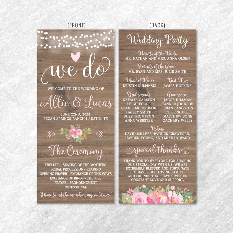 Rustic Blush Floral Wedding Program Template Programs | Etsy