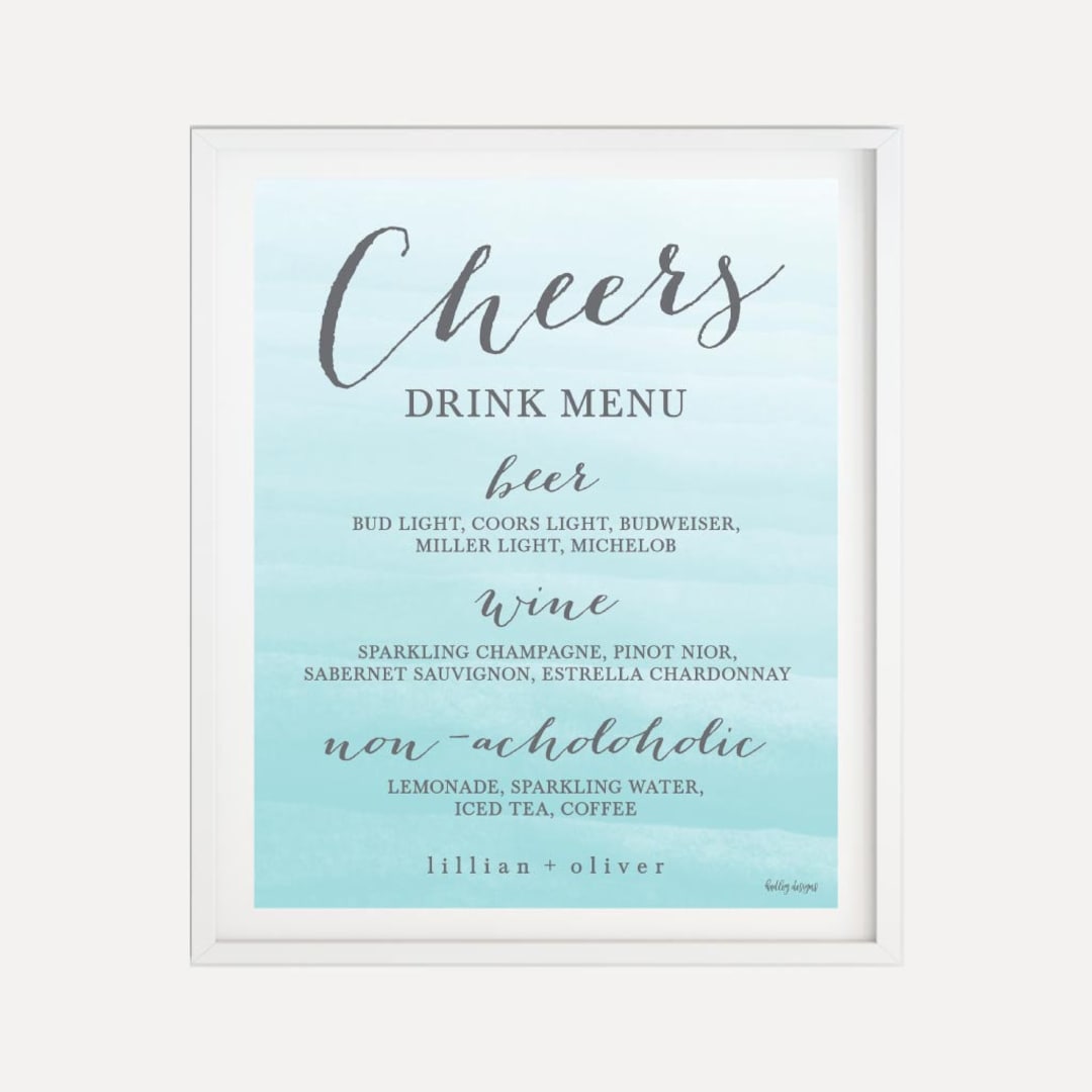 Teal Watercolor Splash Wedding Bar Menu Sign Template - Printable ...