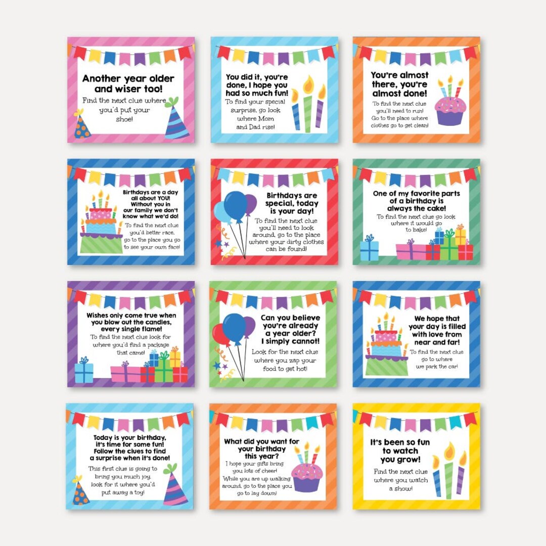 Birthday Scavenger Hunt Printable, Treasure Hunt Clue Cards, Kids ...