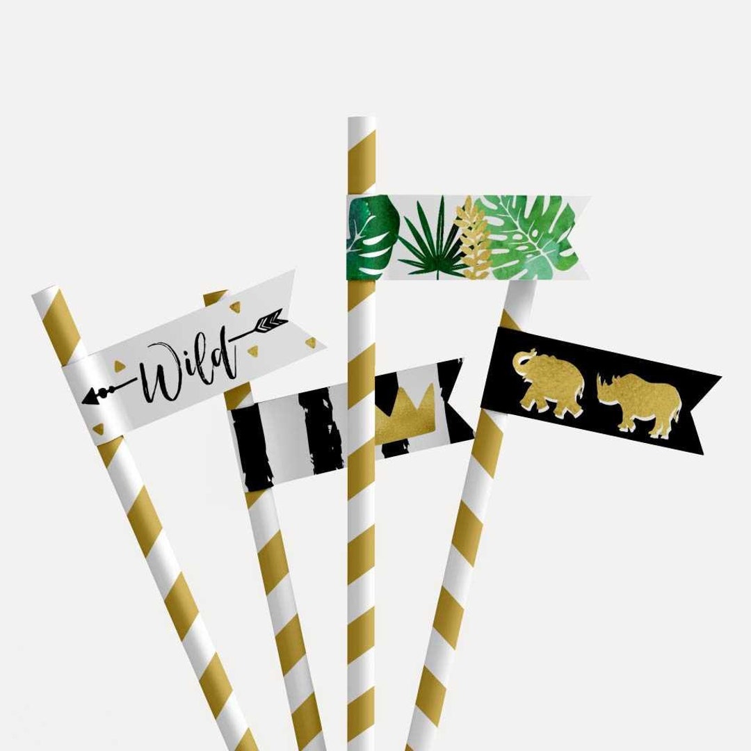 Wild One Safari Kids Party Straw Flags Template - Printable Straw Flag ...