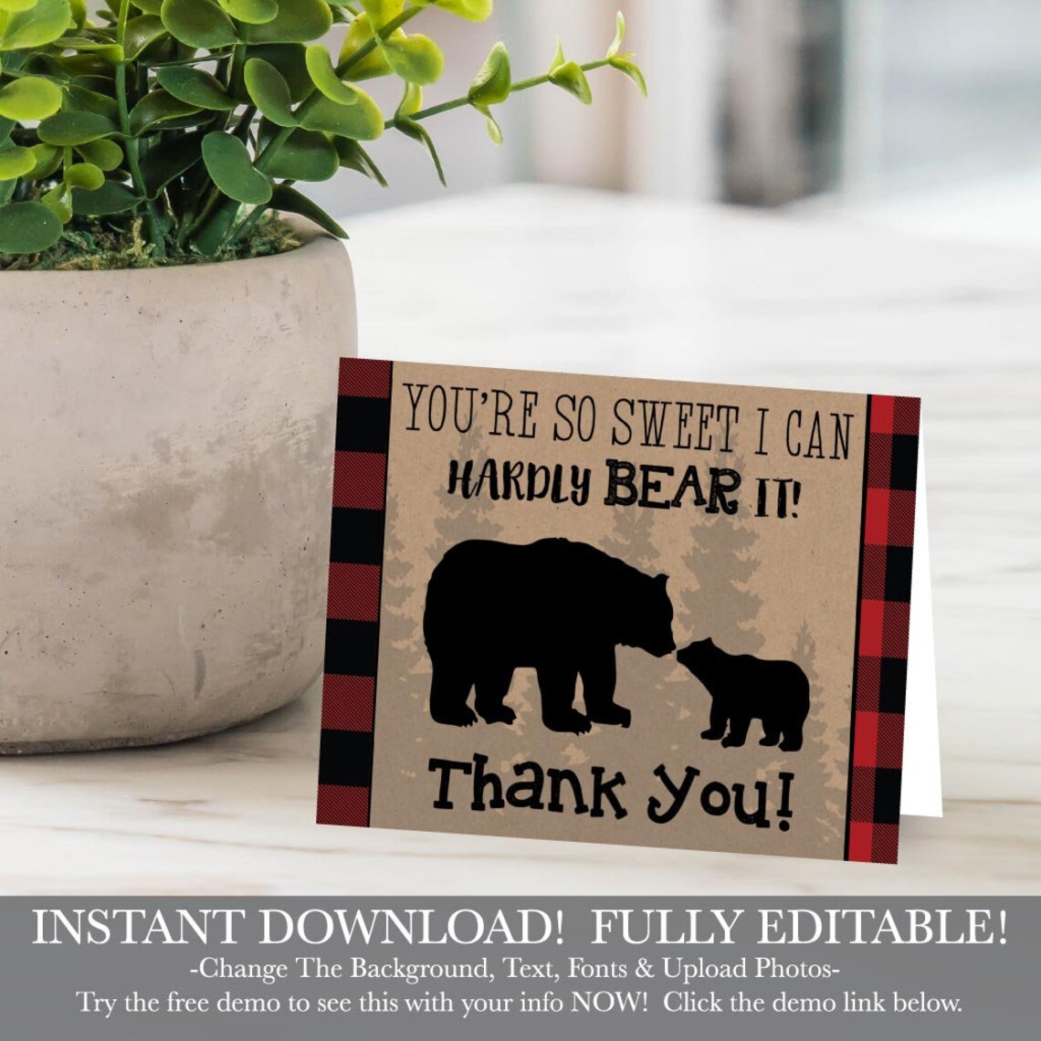 Plaid Bear Thank You Card Printable Thank You Cards Baby | Etsy