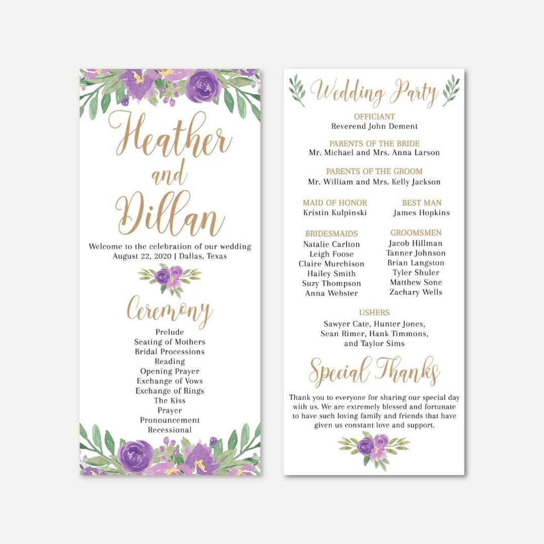 Elegant Purple Floral Wedding Program Template Programs Designs ...