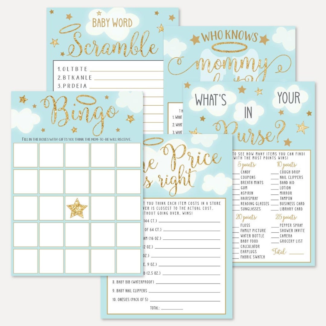 Angel Boy Blue Gold Baby Shower Game Set Bingo Emoji Word - Etsy