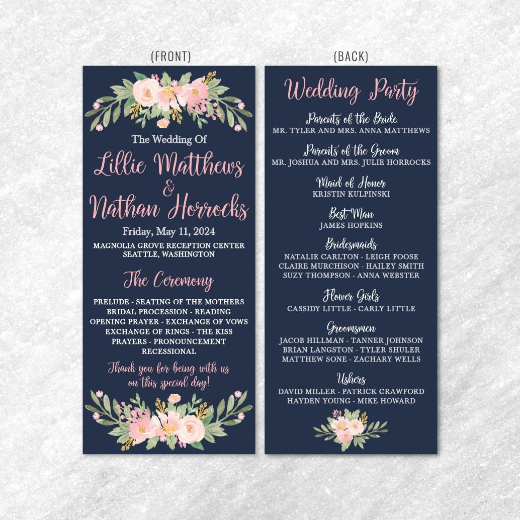 Navy and Blush Floral Wedding Program Template Programs | Etsy
