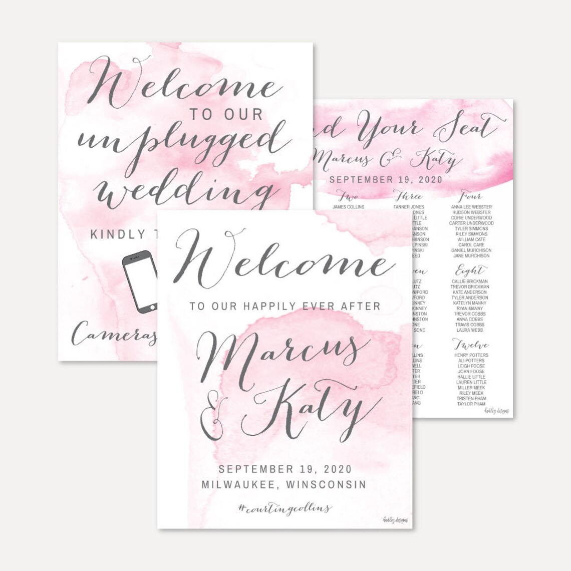 Pink Watercolor Splash Wedding Signs Set Seating | Etsy