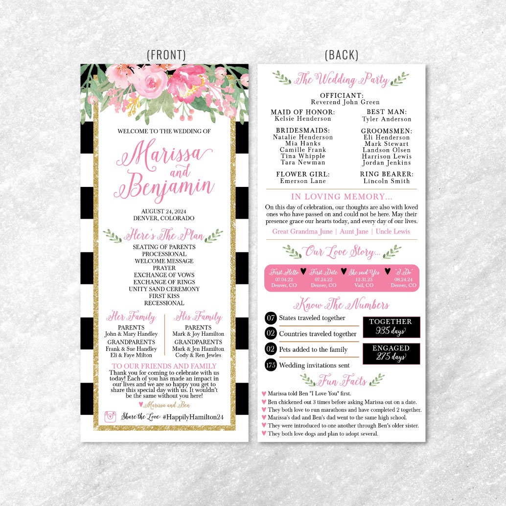 Black Striped Blush Floral Wedding Program Template Programs - Etsy