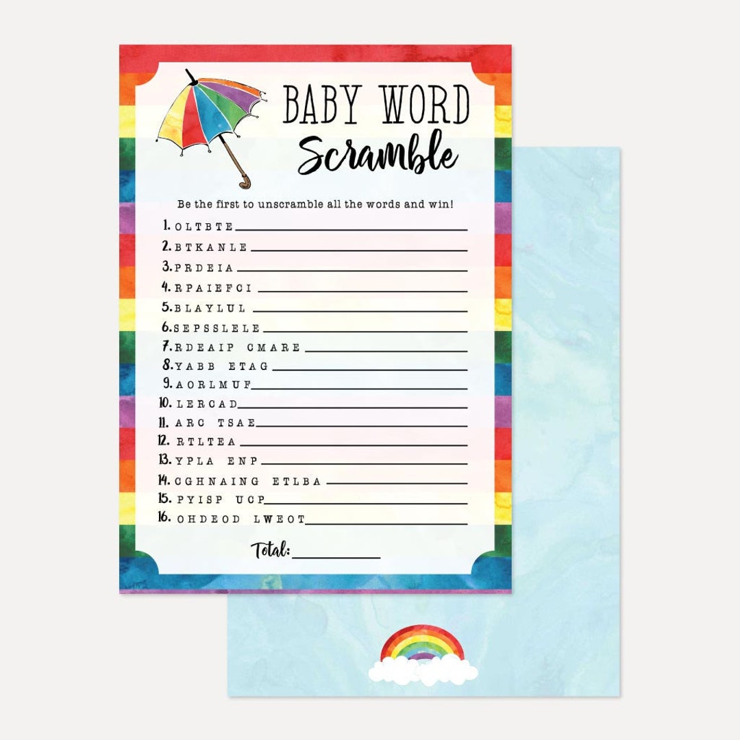 Rainbow Watercolor Word Scramble Games, Word Scramble Baby Shower Game ...