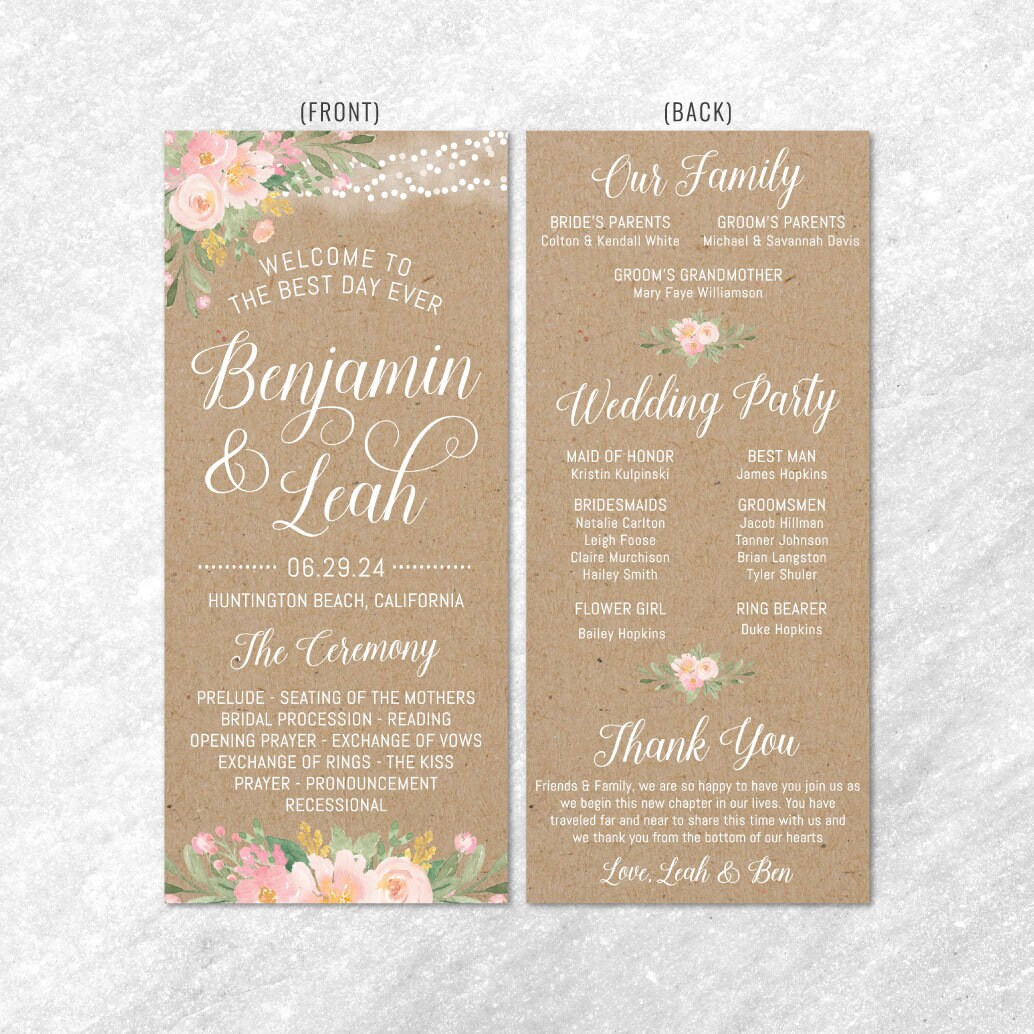 Floral Kraft Lace Rustic Wedding Program Template Programs | Etsy