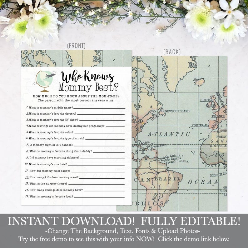 Globe Map Travel Baby Shower Who Knows Mommy Best Game DIY | Etsy