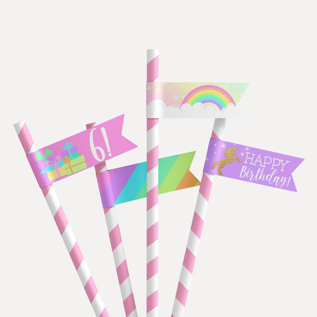 Gold Glitter Unicorn Kids Party Straw Flags Template Printable Straw ...