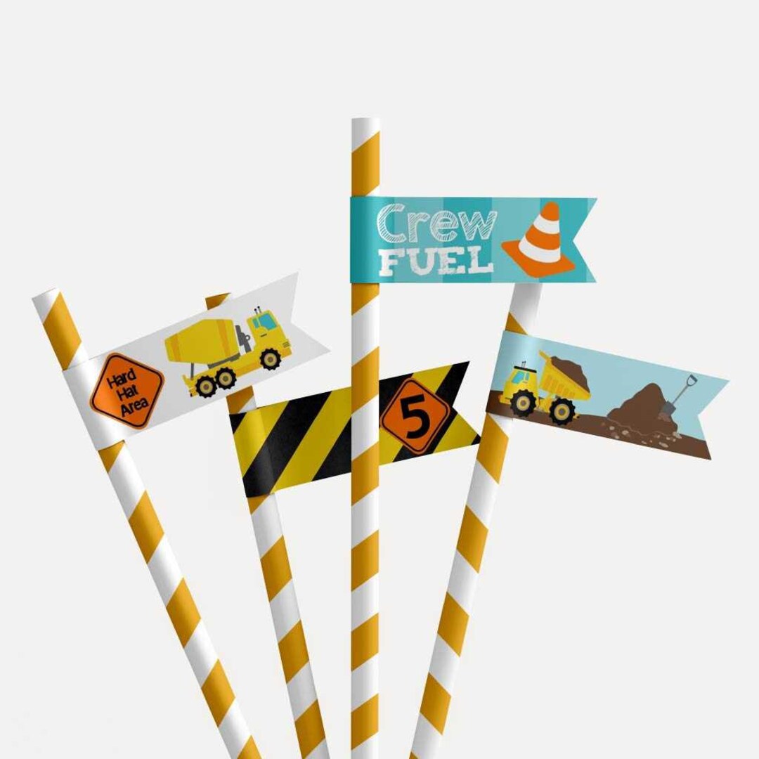 Construction Kids Party Straw Flags Template - Printable Straw Flag ...