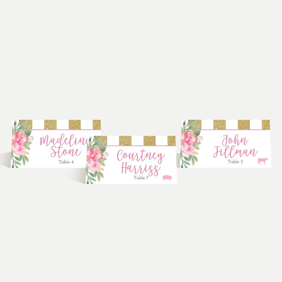 Gold Glitter Striped Blush Floral Wedding Place Cards Template Etsy