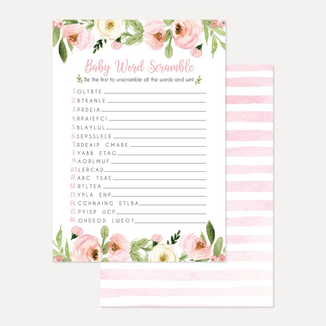 Pink Watercolor Floral Wreath Word Scramble Games, Word Scramble Baby ...