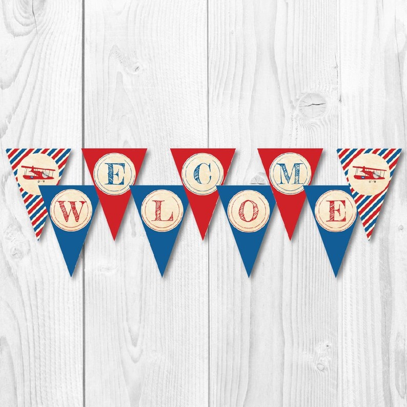 Airplane Red Blue Printable Banner Template, Baby Shower Banner ...