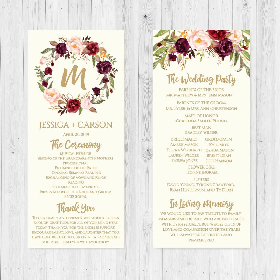 Cream Marsala Floral Wedding Program Wedding (Download Now) - Etsy
