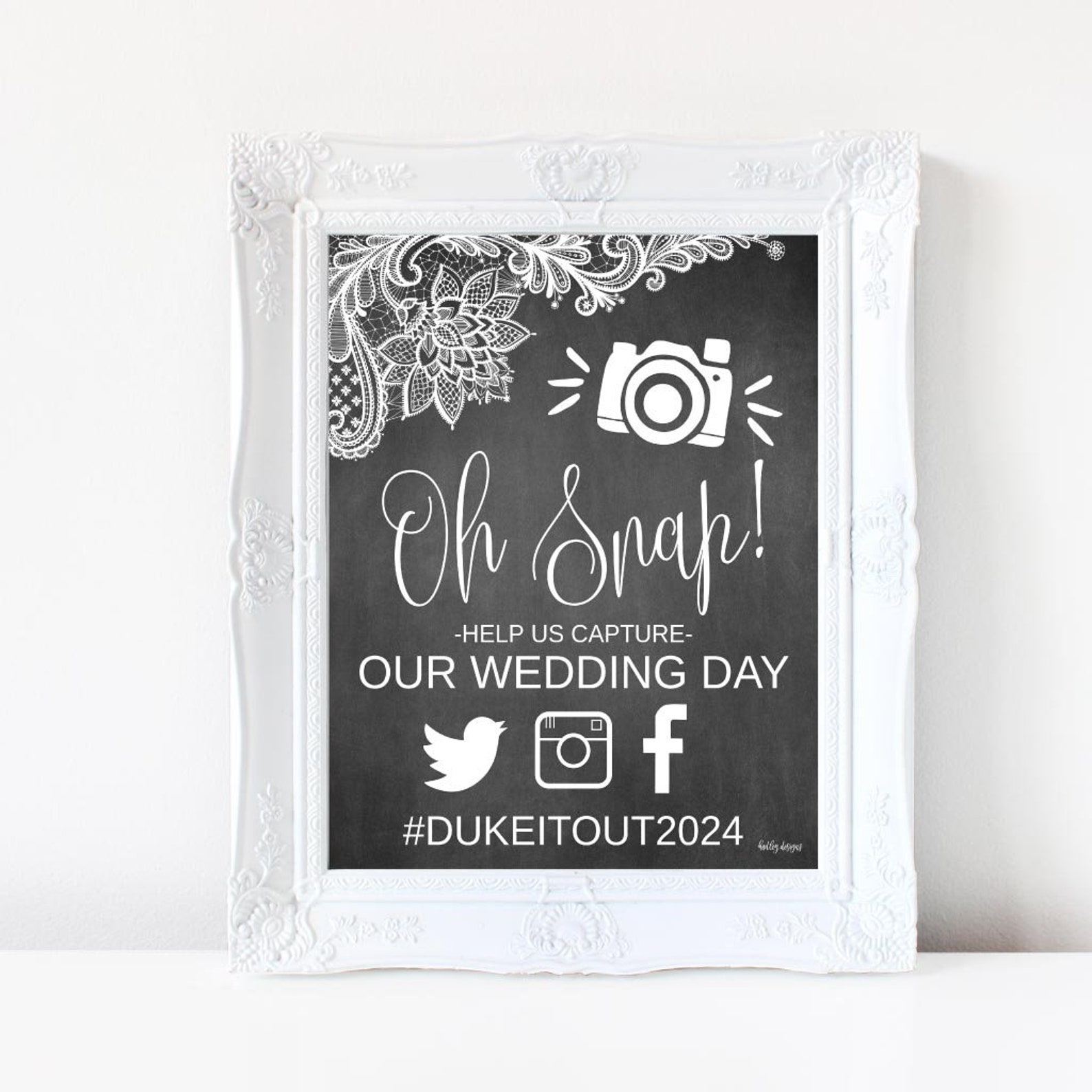 Chalk Lace Lights Wedding Hashtag Sign Template - Printable, Hashtag ...