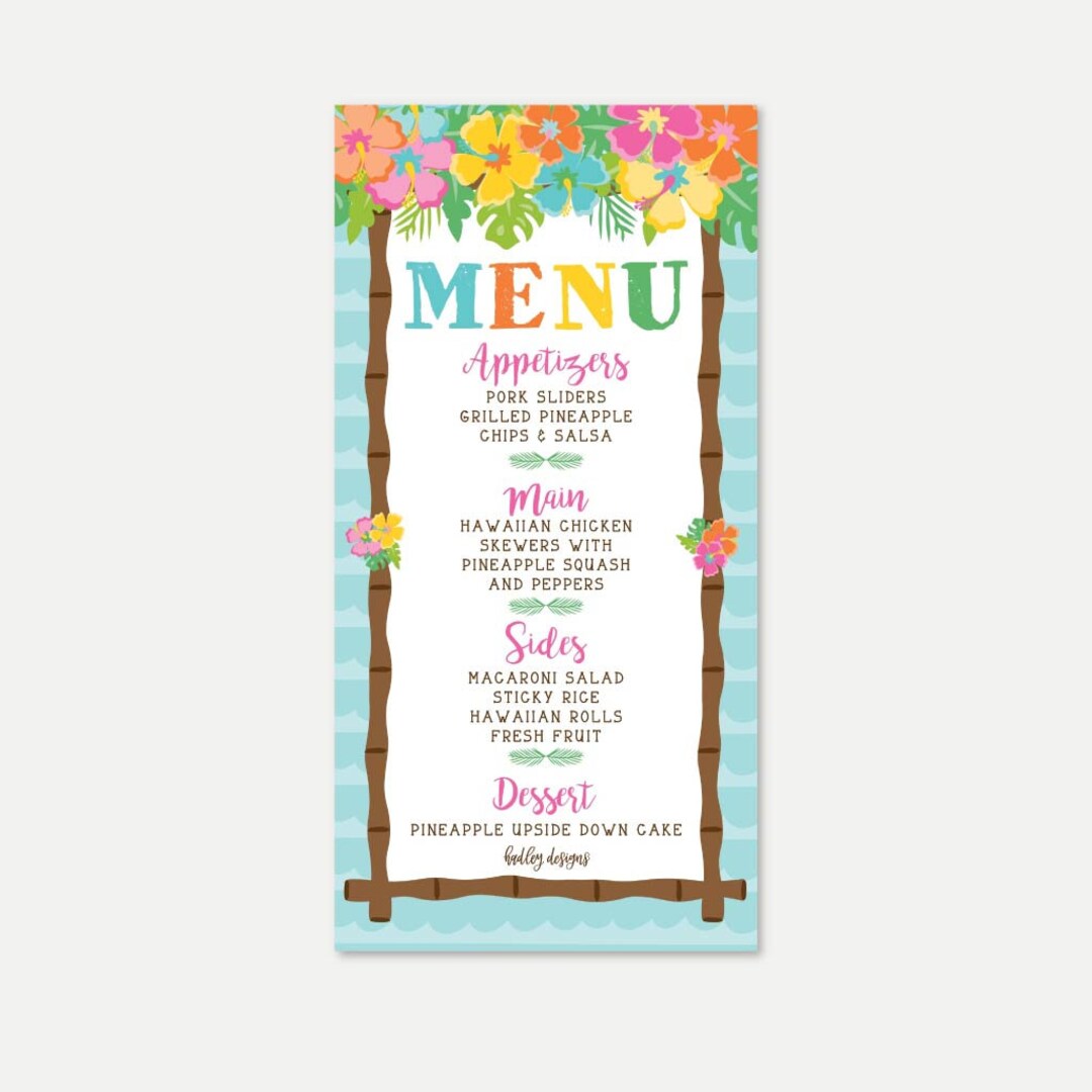 Luau Party Menu Card Template - Floral Menu Card, Luau Menu Template ...