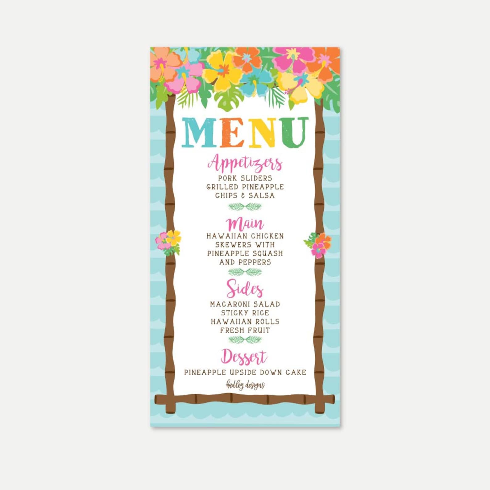Luau Party Menu Card Template - Floral Menu Card, Luau Menu Template ...