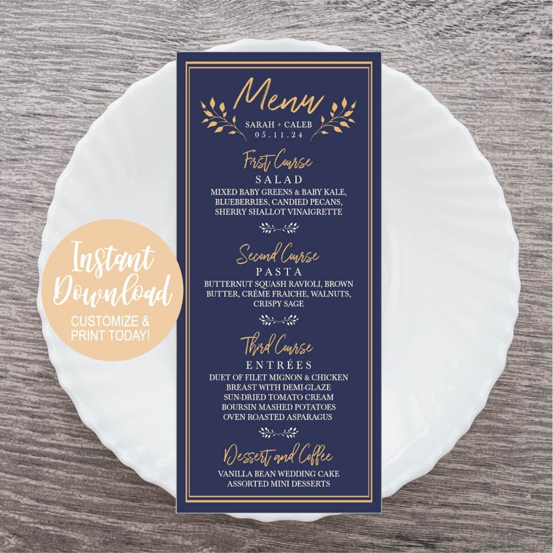 Printable Wedding Menu Cards Wedding Menu Printed Wedding - Etsy