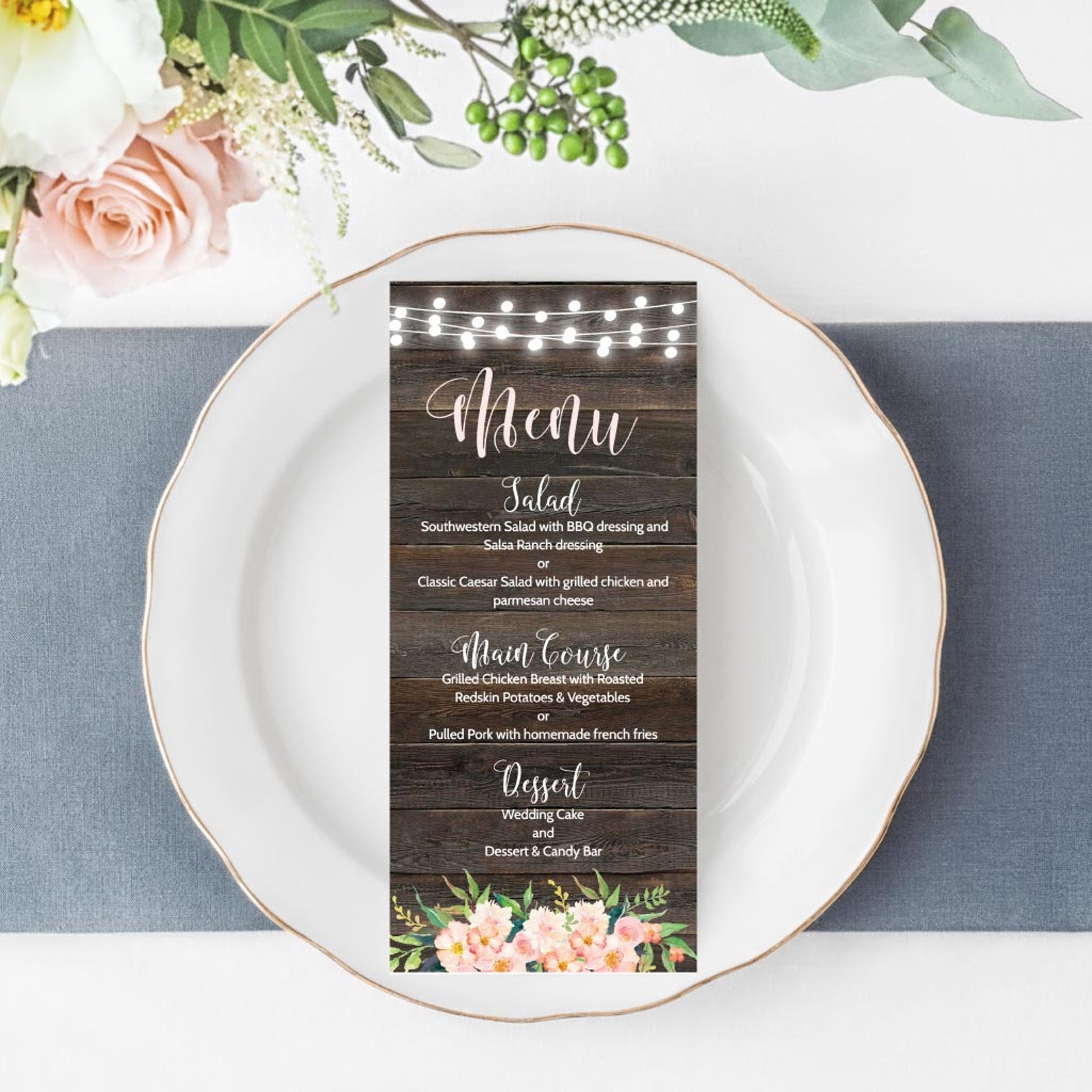 Dark Wood Floral Wedding Party Menu Template, 4x9 Editable Printable ...