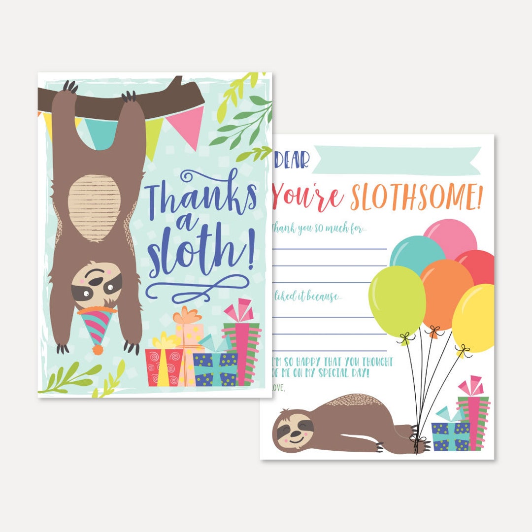 Sloth Kids Party Fill in the Blank Thank You Card Template - Fill in ...