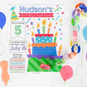 Birthday Countdown Sign and Paper Chain Printable, Kids Happy Birthday ...