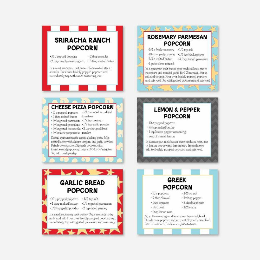Movie Night Popcorn Recipe Cards Template - Movie Night Recipes, Movie ...