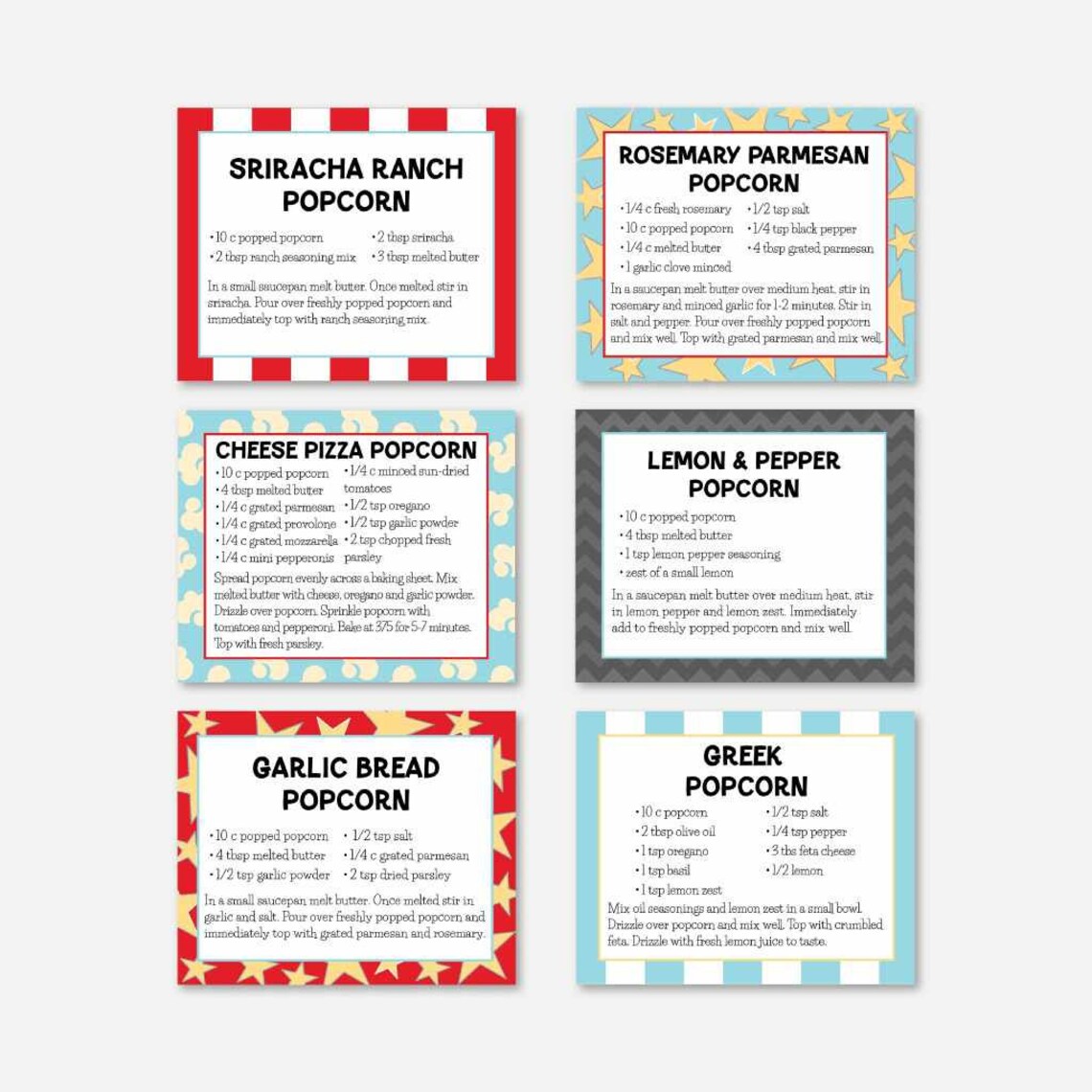 Movie Night Popcorn Recipe Cards Template Movie Night - Etsy