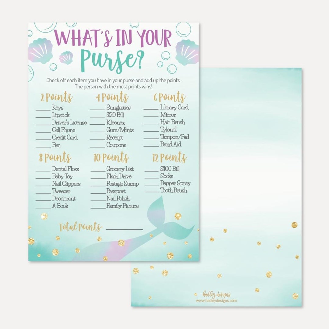 Mermaid Baby Shower What's in Your Purse? Game Template - Whats in Your ...