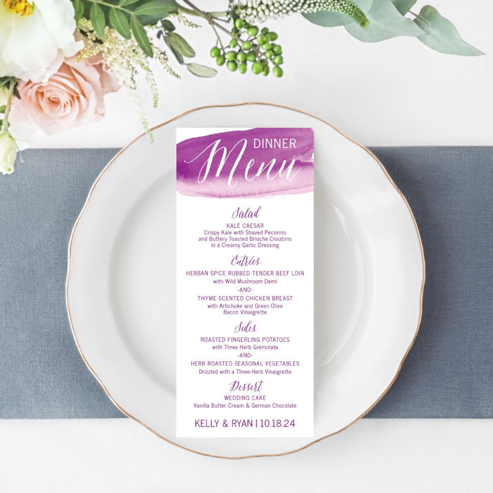 Purple Watercolor Wedding Menu Template Party Menu Template | Etsy