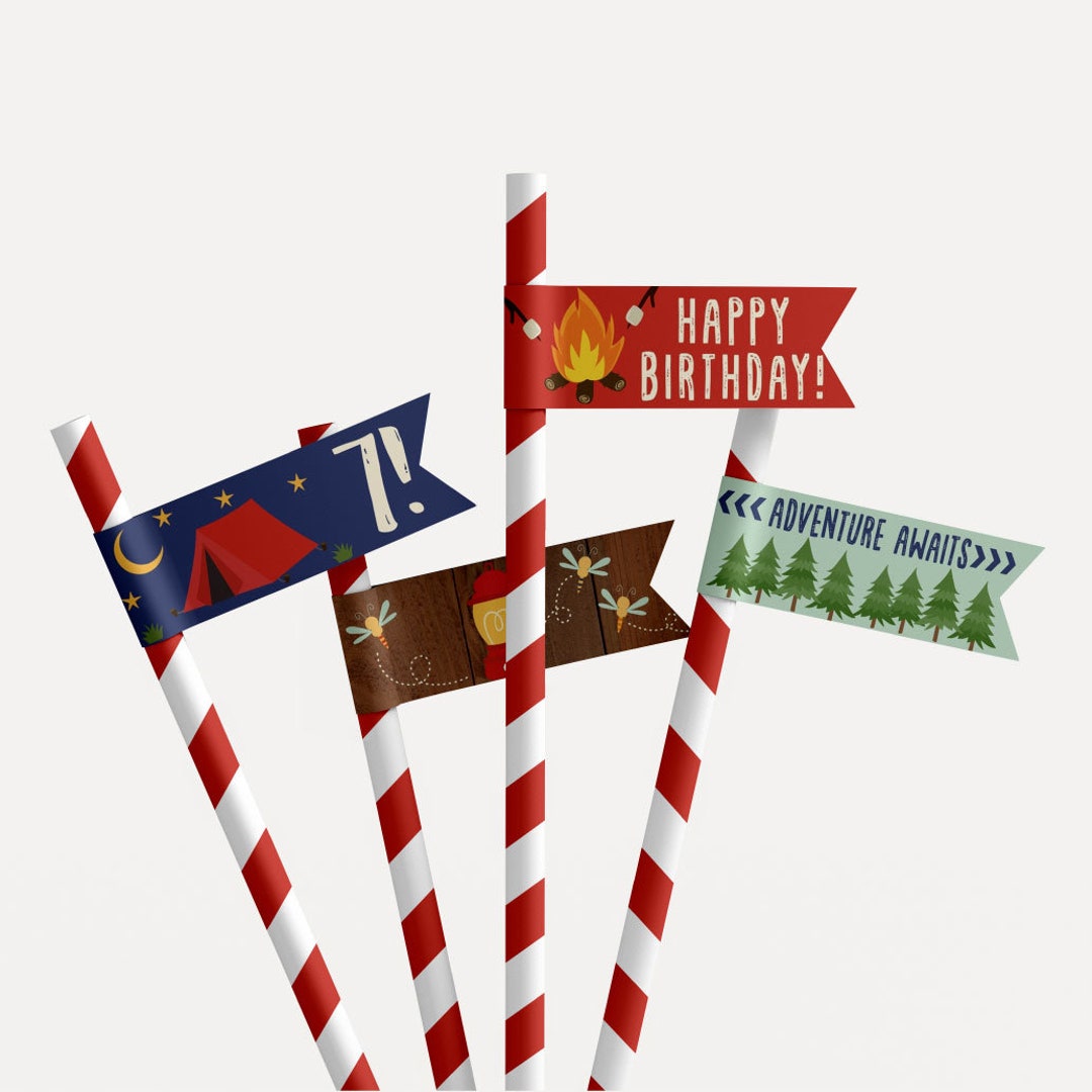 Camping Kids Party Straw Flags Template Printable Straw - Etsy