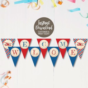 Airplane Red Blue Printable Banner Template, Baby Shower Banner ...