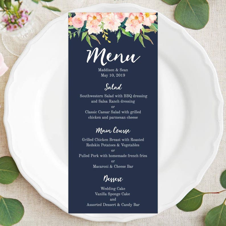 Navy and Blush Floral Wedding Menu Template, Modern Pink 4x9 Editable ...