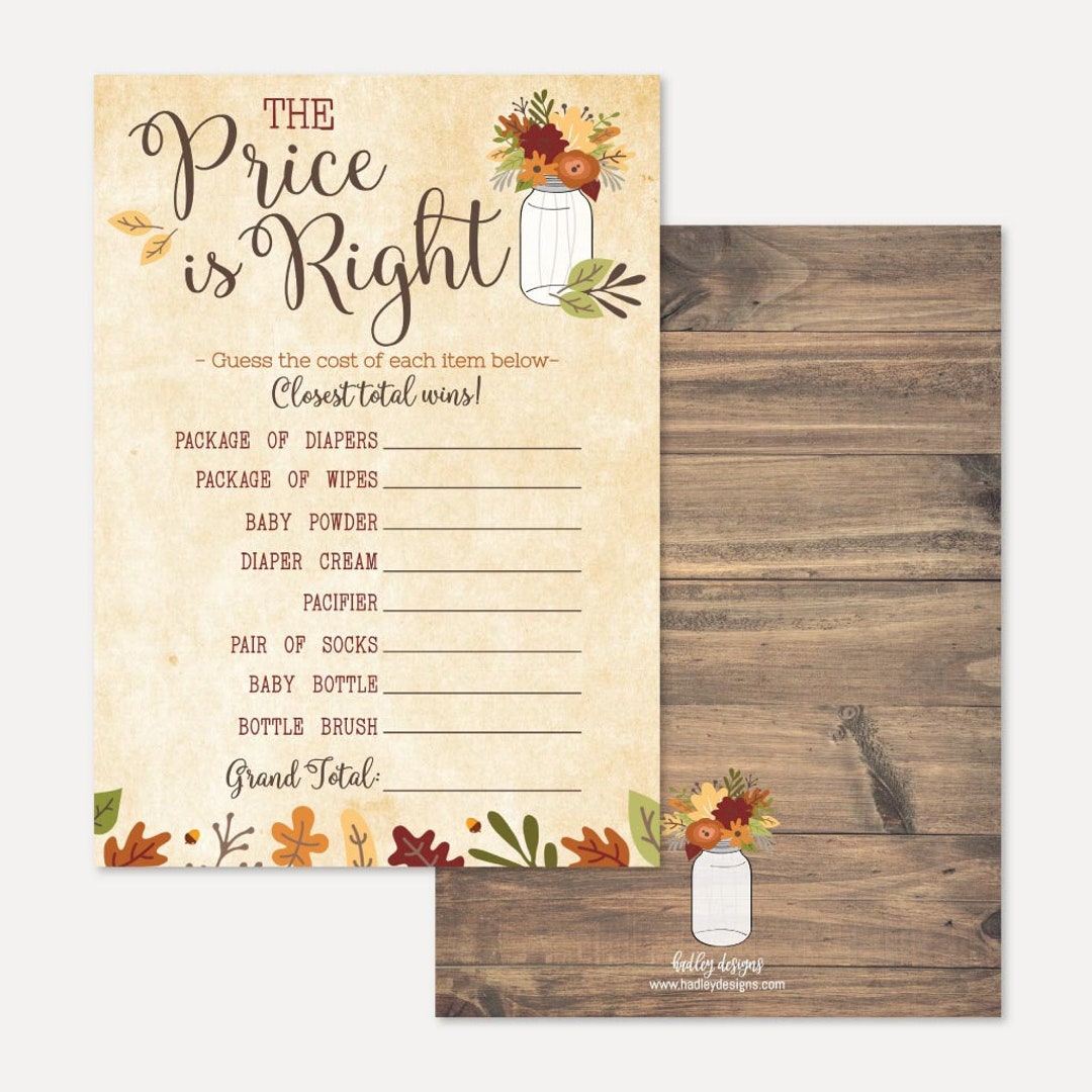 Fall Rustic Baby Shower the Price is Right Game Template - Baby Shower ...