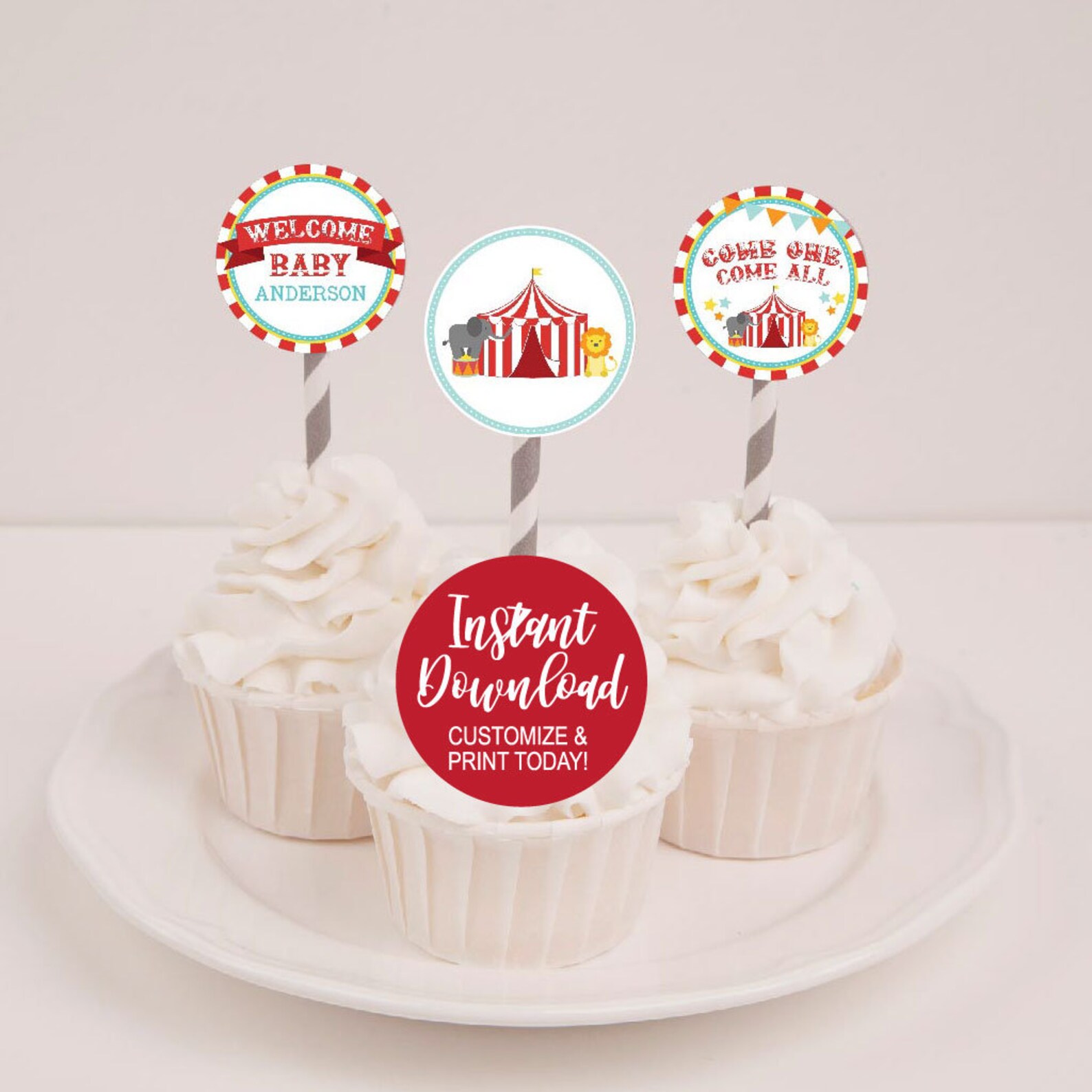 Circus Red Blue Yellow Cupcake Toppers, Baby Shower Cupcake Decorations ...