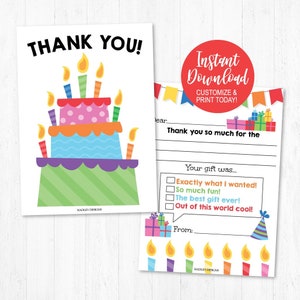 Birthday Thank You Card Printable, Fill in the Blank Note Cards for ...