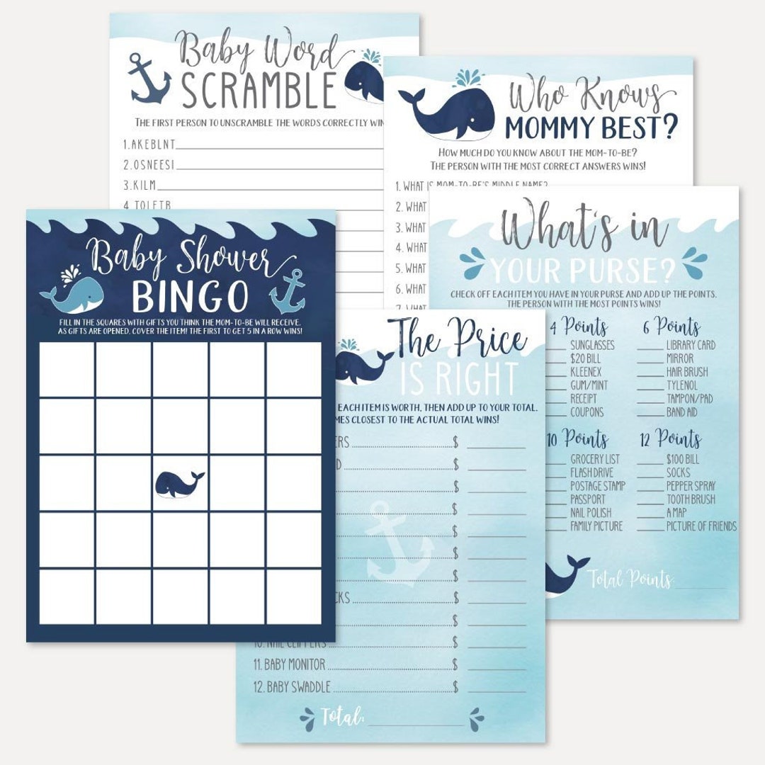 Whale Baby Shower Game Set Templates - Bingo, Word Scramble, the Price ...