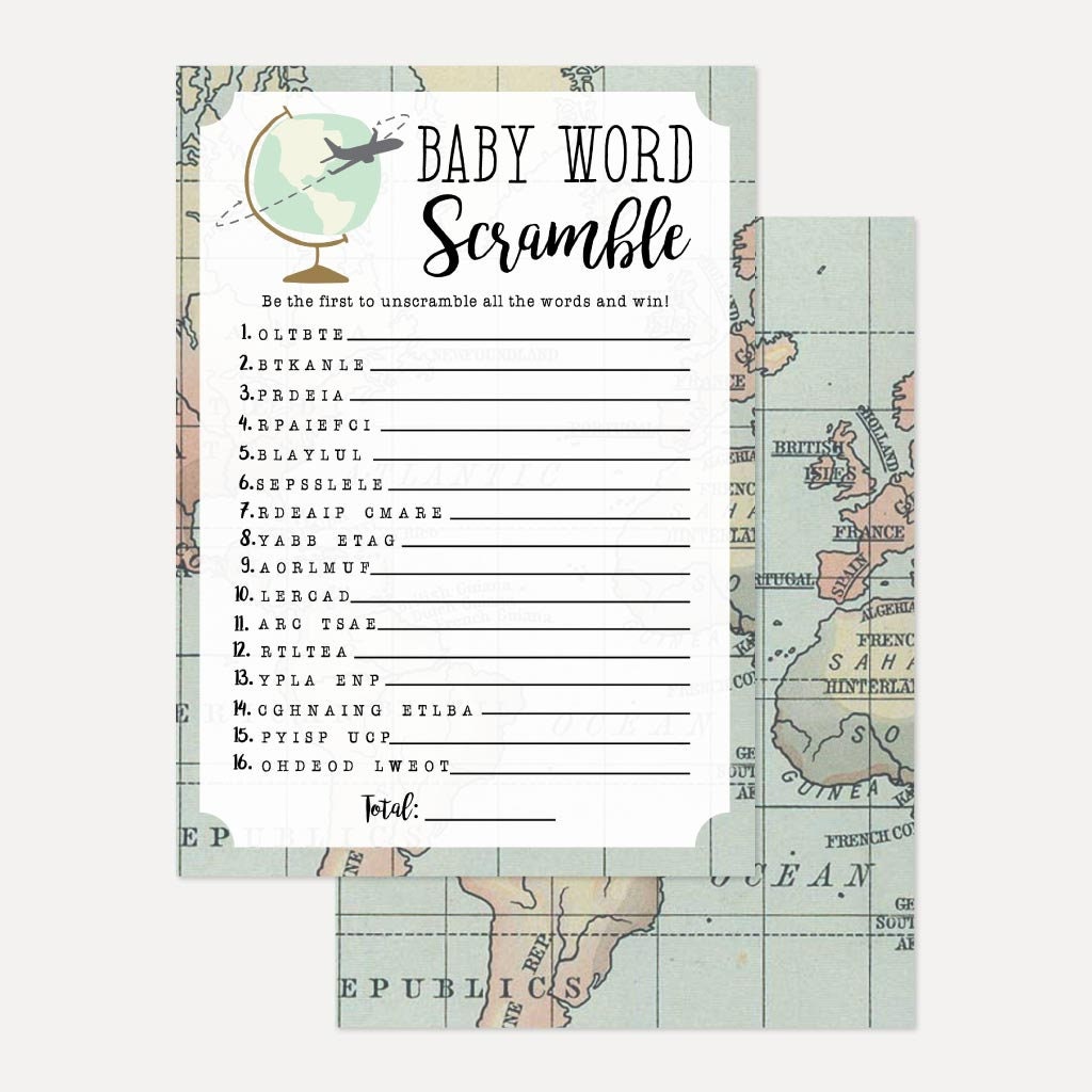 Map Globe Travel Baby Shower Word Scramble Games, Word Scramble Baby ...