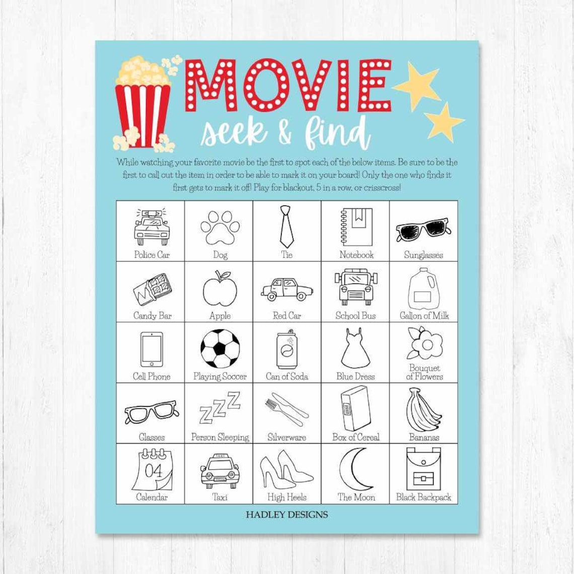 Movie Night Seek and Find Game Template Movie Game Movie | Etsy