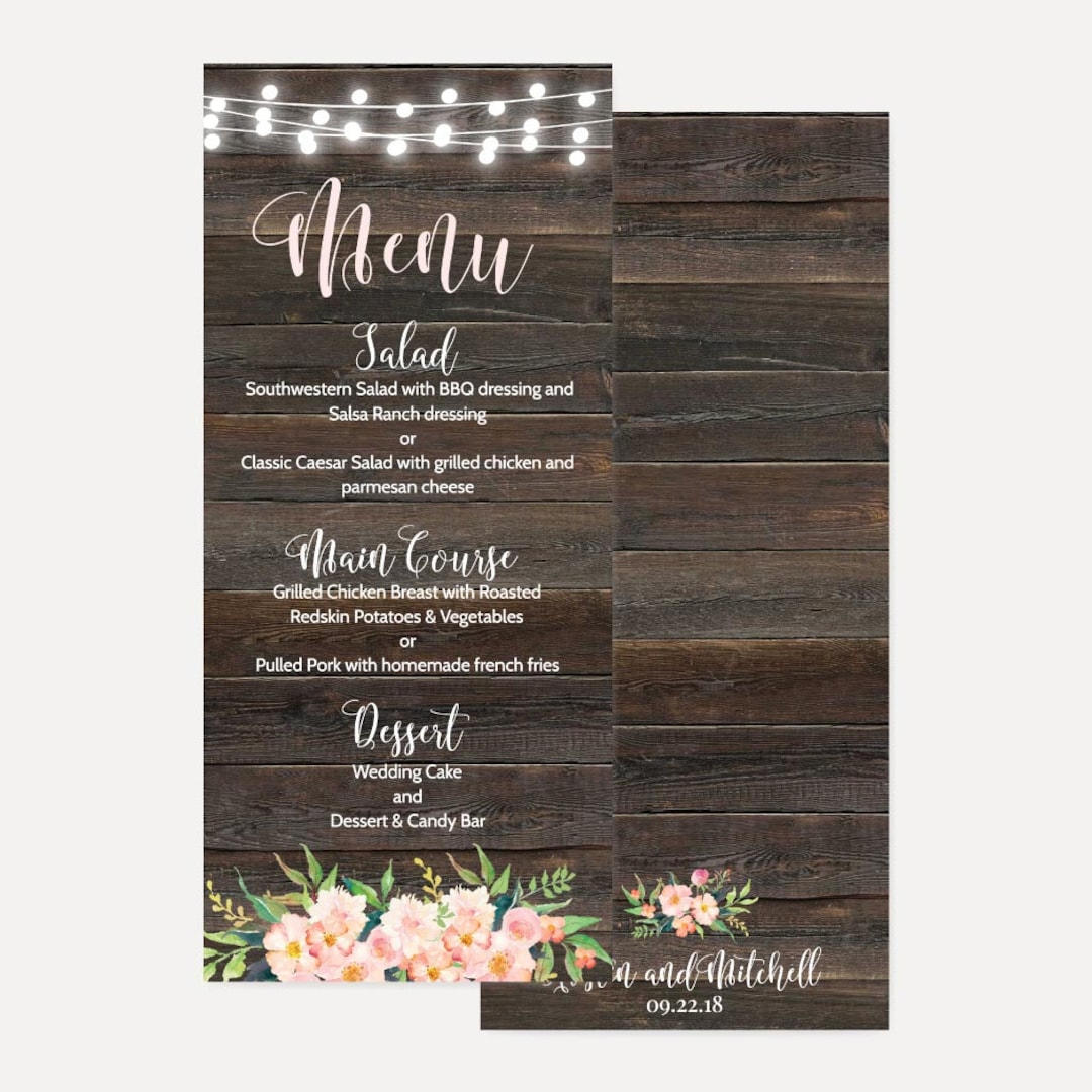 Dark Wood Floral Wedding Party Menu Template, 4x9 Editable Printable ...