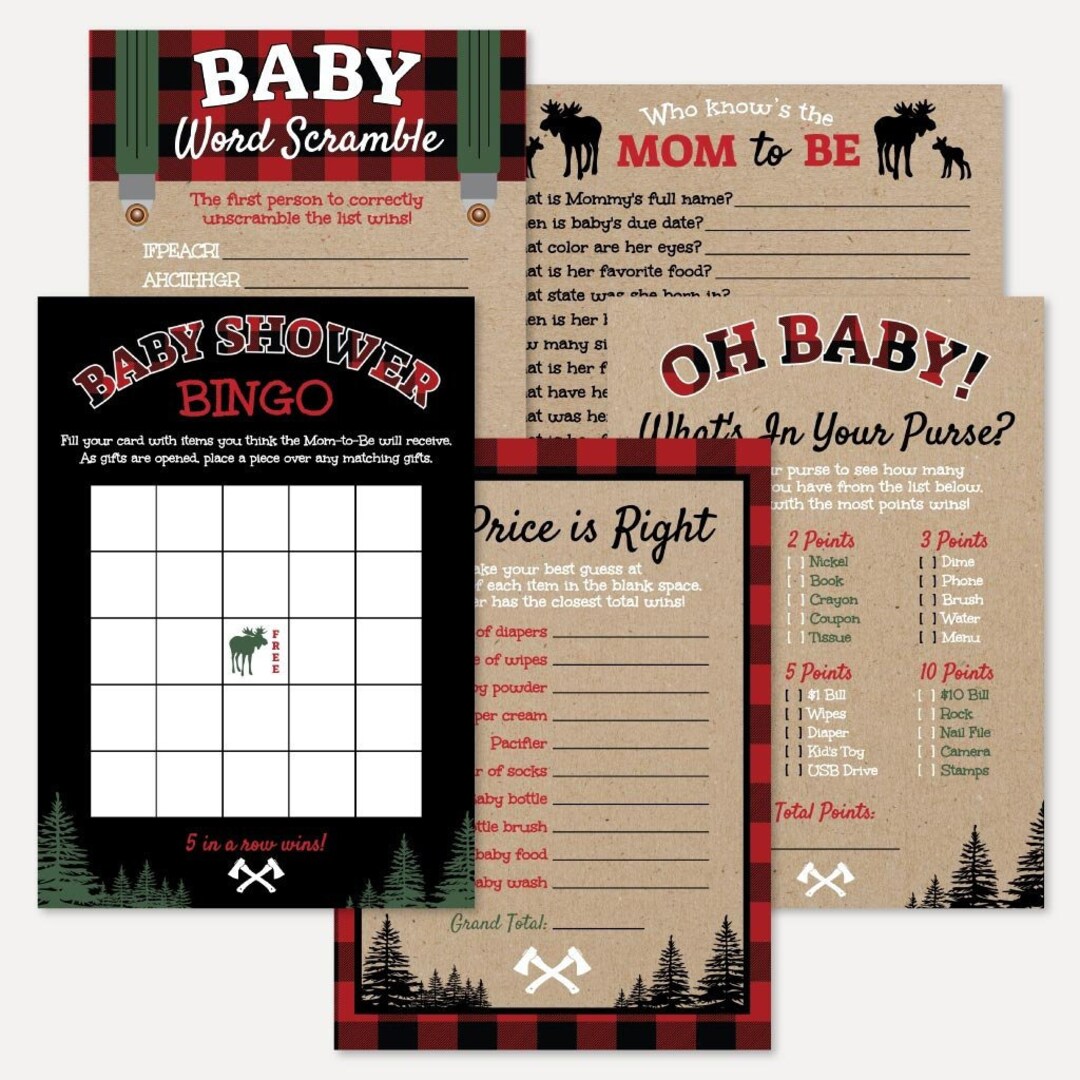 Lumberjack Baby Shower Game Set Templates - Bingo, Word Scramble, the ...
