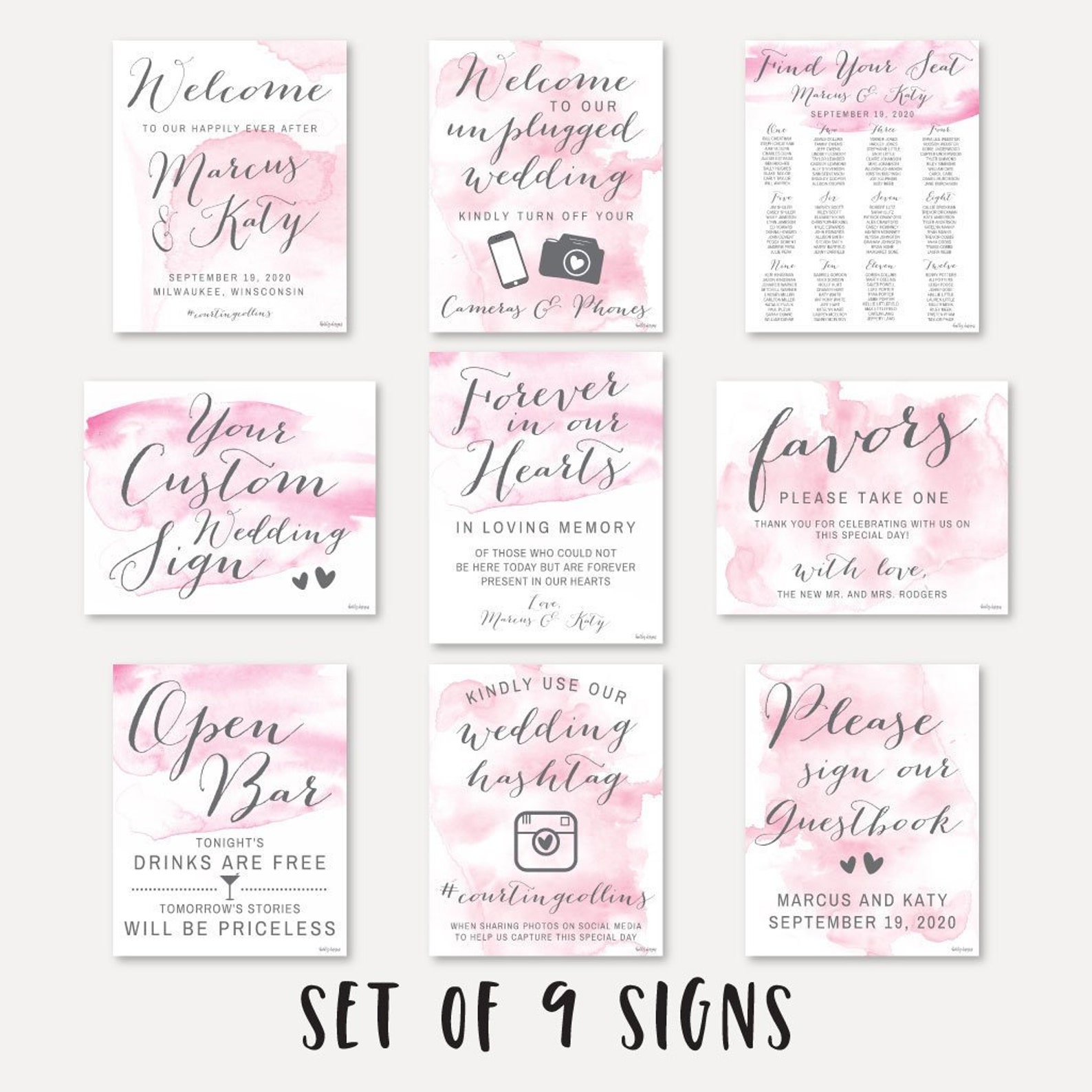 Pink Watercolor Splash Wedding Signs Set Seating | Etsy